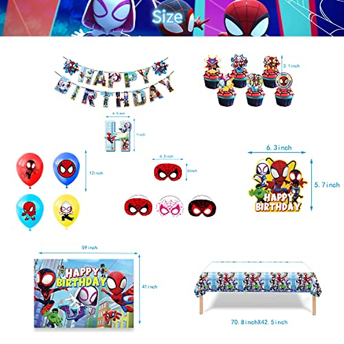 56PCS Spidey and His Amazing Friends Party Supplies,Spidey Happy Birthday Party Supplies Include Banner,Tablecloths,Masks,BackDrop, Ballon, Cake Topper and Cupcake Topper,Birthday Party Supplies Decorations for Boys and Girls