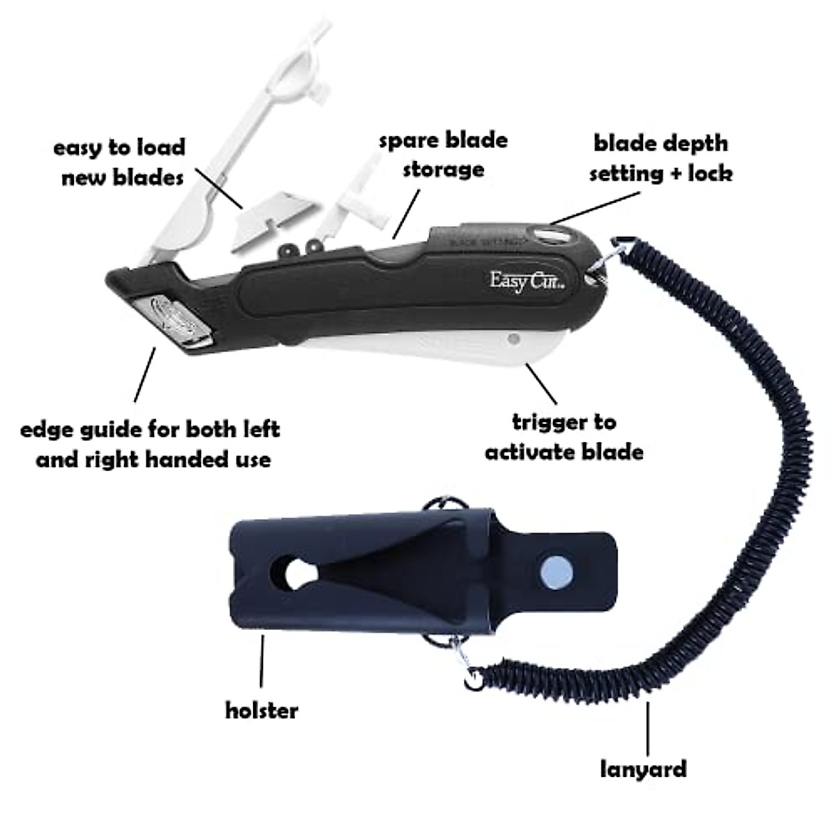 Box Cutter, 3 blade depth setting, Squeeze Trigger and Edge Guides, Holster, Lanyard, Extra Blade - 1000 white