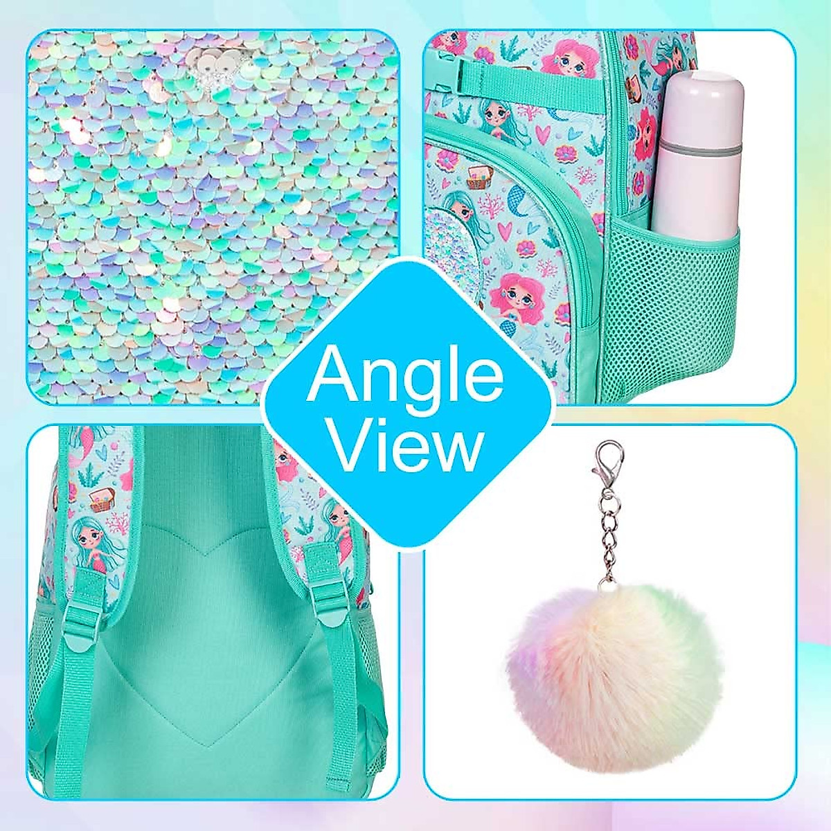 FTJCF 3PCS Backpack for Girls, 16" Cute Sequins Rainbow Kids Bookbag with Lunch Box, Elementary Preschool Kindergarten School Bag Set - Pink.