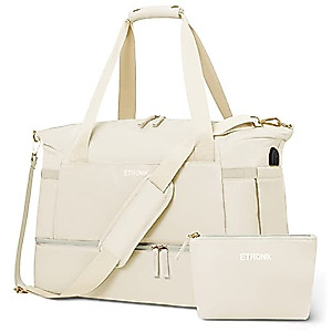 Gym Bag for Women, Sports Travel Duffel Bag with USB Charging Port, Weekender Overnight Bag with Wet Pocket and Shoes Compartment for Women Girls Travel, Gym, Yoga, School (Off White)