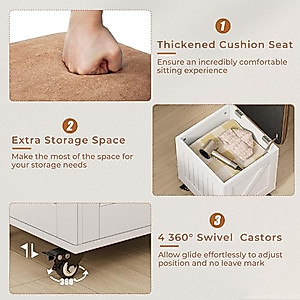 Farmhouse Makeup Vanity Desk with Mirror and Lights, 43" Glass Tabletop Vanity Table with 360° Rolling Stool with Storage, Big Vanity Set for Bedroom, 3 Lighting Modes, 2 Drawers, 1 Cabinet, White