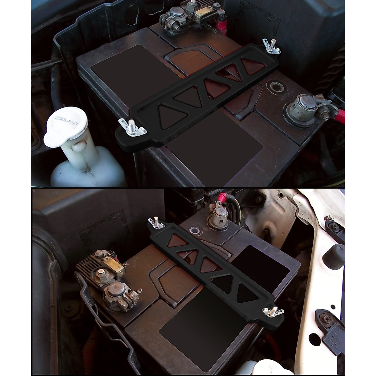 AOCISKA Battery Hold Down Bracket, Universal Crossbar Car Battery Holder Kit with 10in J Bolts,Car Battery Lock Down Sets,Aluminum Alloy Battery Tie Down Mount Bracket,Hold Lock Accessories (Black)