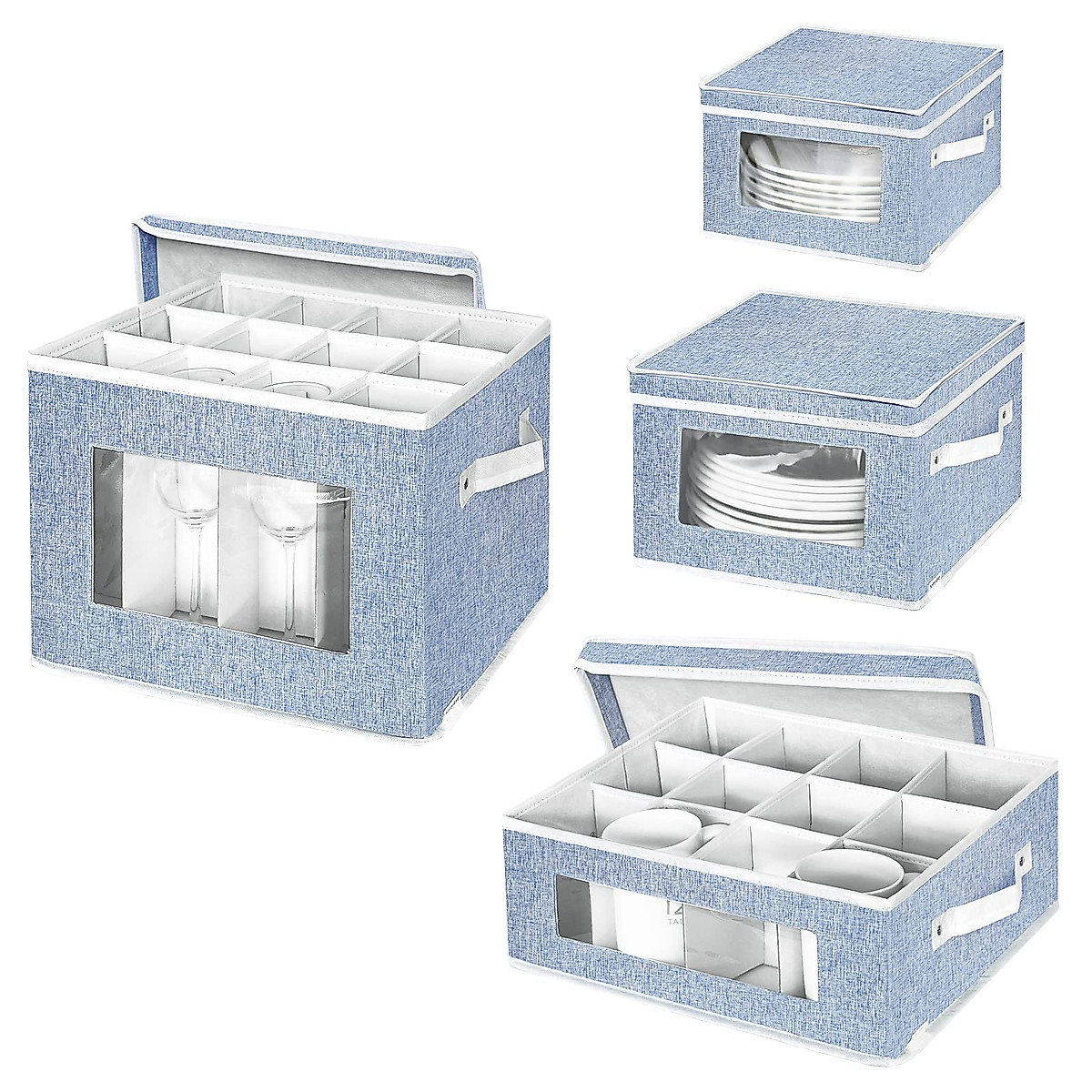 China Storage Containers,Wine Glass Mug Plate Dish Stemware Storage Box with Dividers,Hard Shell Dinnerware Case with 24 Felt Protectors for Crystal Glassware,Coffee Cup,Bowl Packing & Moving (Blue)