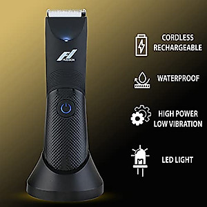 Fhuesion Electric Groin & Pubic Hair Trimmer for Men, Ball Shaver w/Light, Body Groomer Replaceable Ceramic Blade, Male Razor Waterproof Wet/Dry, USB Charging