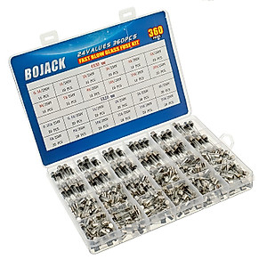 BOJACK 24 Values 360 pcs Fast-Blow Glass Fuses Assortment Kit 5x20mm 250V 0.25 0.5 1 2 3 4 5 8 10 12 15 20A 6x30mm 250V 0.5 1 2 3 4 5 6 7 8 10 15 20A amp packag in a Clear Plastic Box