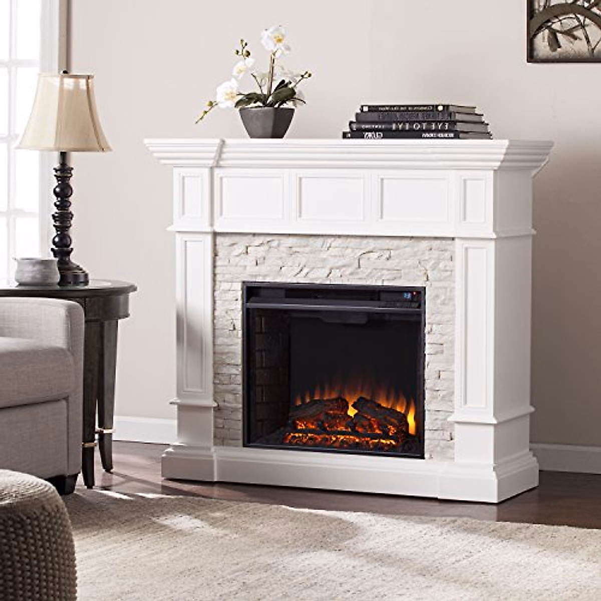SEI Furniture Merrimack Faux Stone Convertible Electric Corner Fireplace, Fresh White, AMZ8369EF