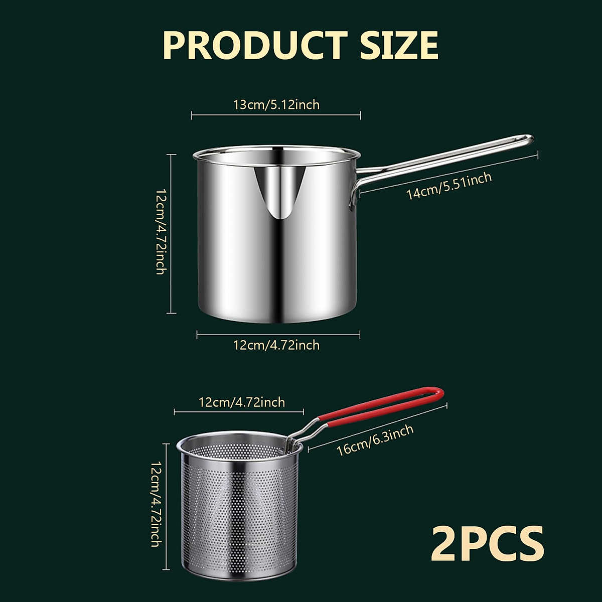 Deep Fryer Pot with Basket, 2Pcs/Set Deep Fryer Pan Stainless Steel Chip Pan with Handle Uncoated Mirror Polished Brushed Frying Pots for French Fries Chicken Wings