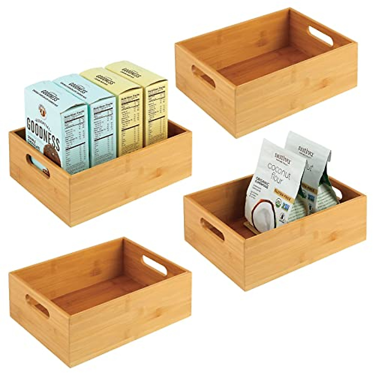 mDesign Bamboo Wood Organizer Storage Bin Open-Top Box with Built-In Handles for Kitchen, Pantry Organization; Holds Flatware, Dry Goods Boxes, Cooking Essentials, Echo Collection - 4 Pack - Natural