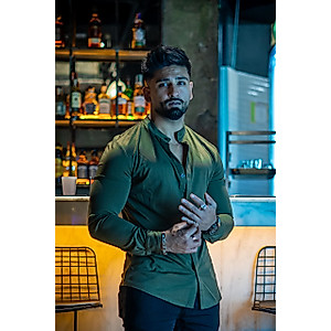 COOFANDY Mens Collarless Dress Shirts Muscle Fit Wrinkle Free Button Down Shirts Army Green