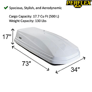 Perflex Exclusive Rooftop Cargo Box Carrier Large 17.7 Cubic Feet Car Top Mount Travel Luggage Storage, Dual Side Opening, 130 Lbs Weight Capacity, Extra Keys, Straps (White)