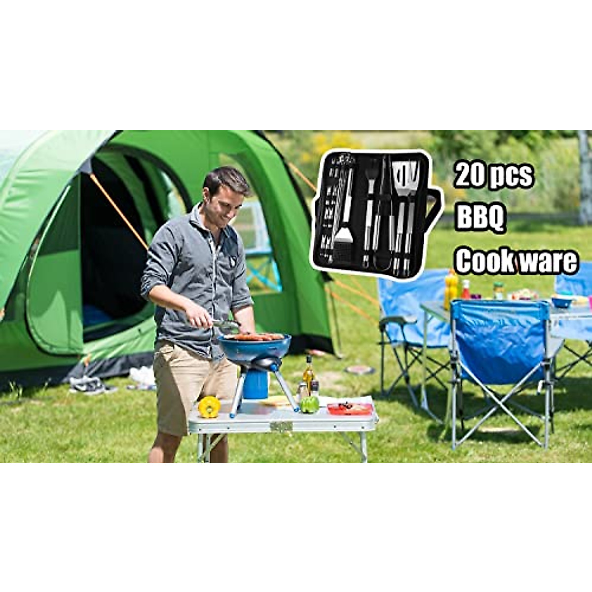 BBQ Grill Tools Set, 20 PCS BarbecueTools for Garden Party, Stainless Steel Grill BBQ Utensils Set for Outdoor Camping Cross-Country, Utensils Case for Travel (20 PCS)