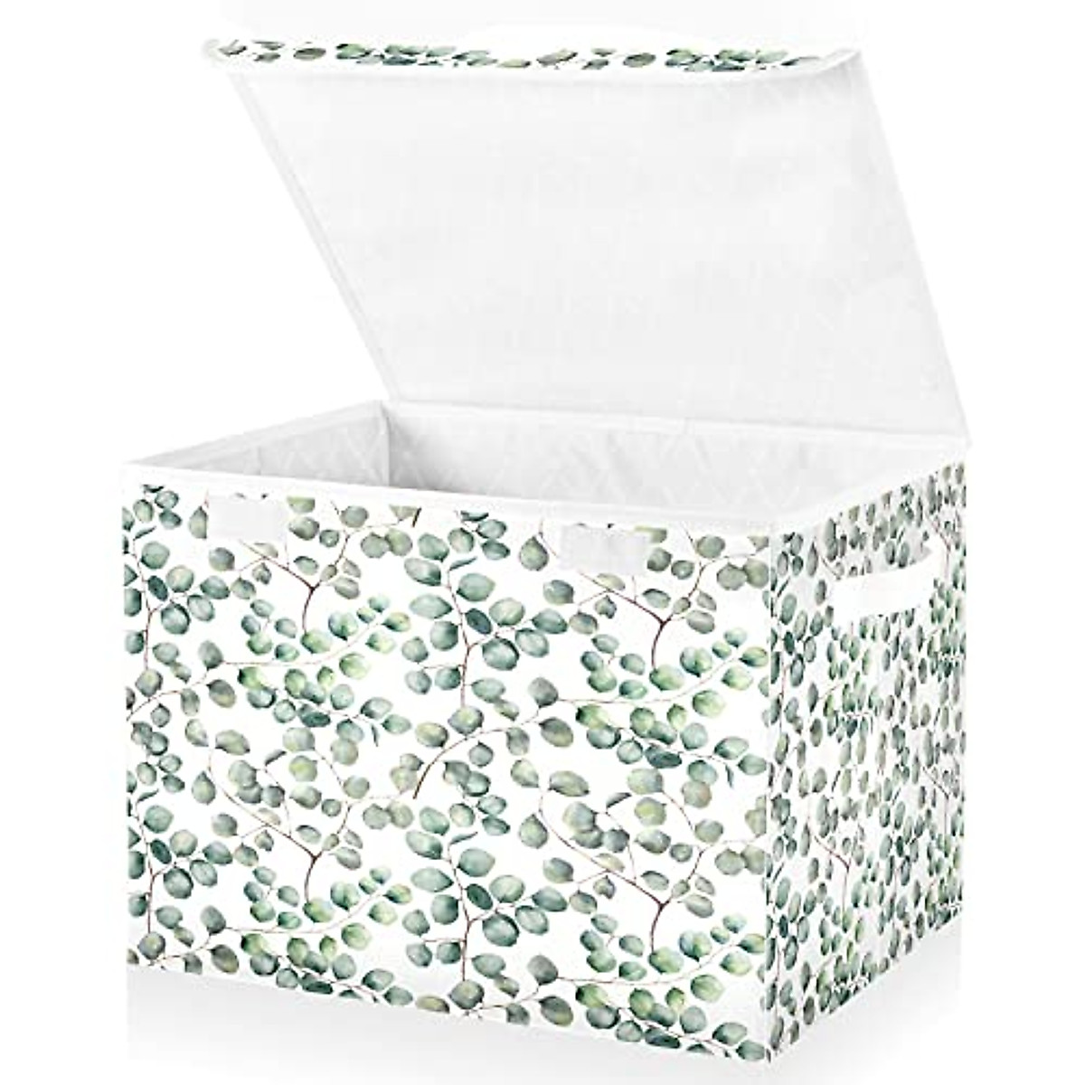 Quteprint Storage Bins with Lid, Eucalyptus Green Leaves Plant Storage Box Organizer Toys Bedroom Nursery, 16.5"x12.6"x11.8" Large Collapsible Storage Cube for Home Office Closet Shelf