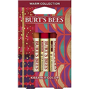 Burt's Bees Kissable Color Holiday Gift Set, 3 Lip Shimmers in Gift Box, Warm Collection in Peony, Fig & Rhubarb