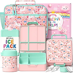 Fimibuke Kids Bento Snack Lunch Box with 4 Compartments, Insulated lunch Bag, Stainless Steel Thermos Food Jar, Ice Pack & Utensils, Unicorn Birthday Gift for Age 3-12 Back to School Toddler Girl Boy