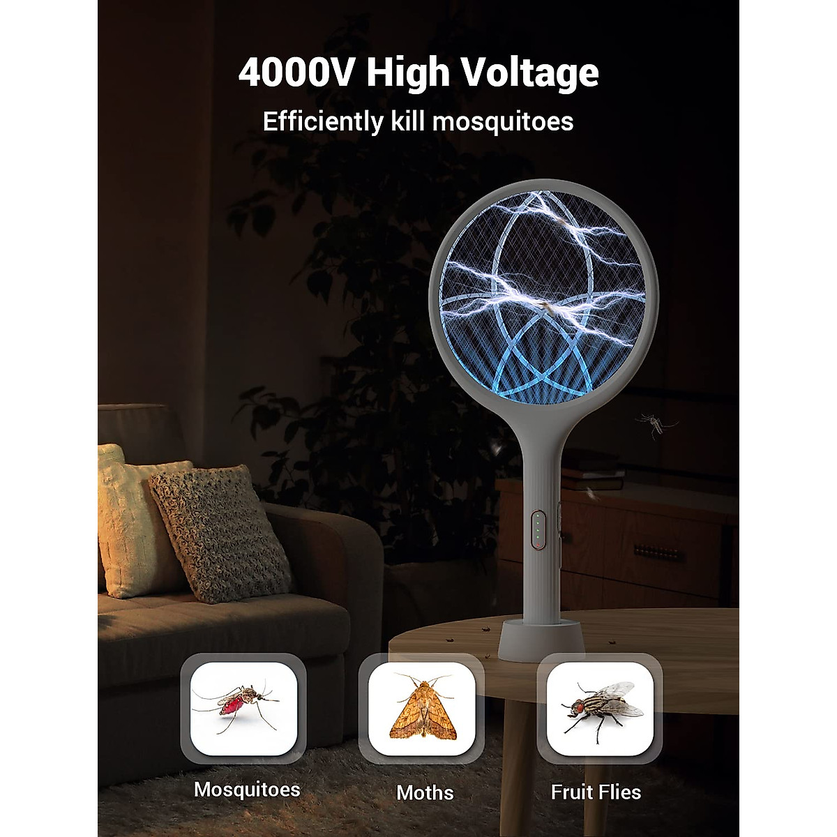 YISSVIC Electric Fly Swatter 4000V Bug Zapper Racket Dual Modes Mosquito Killer with Purple Mosquito Light Rechargeable for Indoor Home Office Backyard Patio Camping