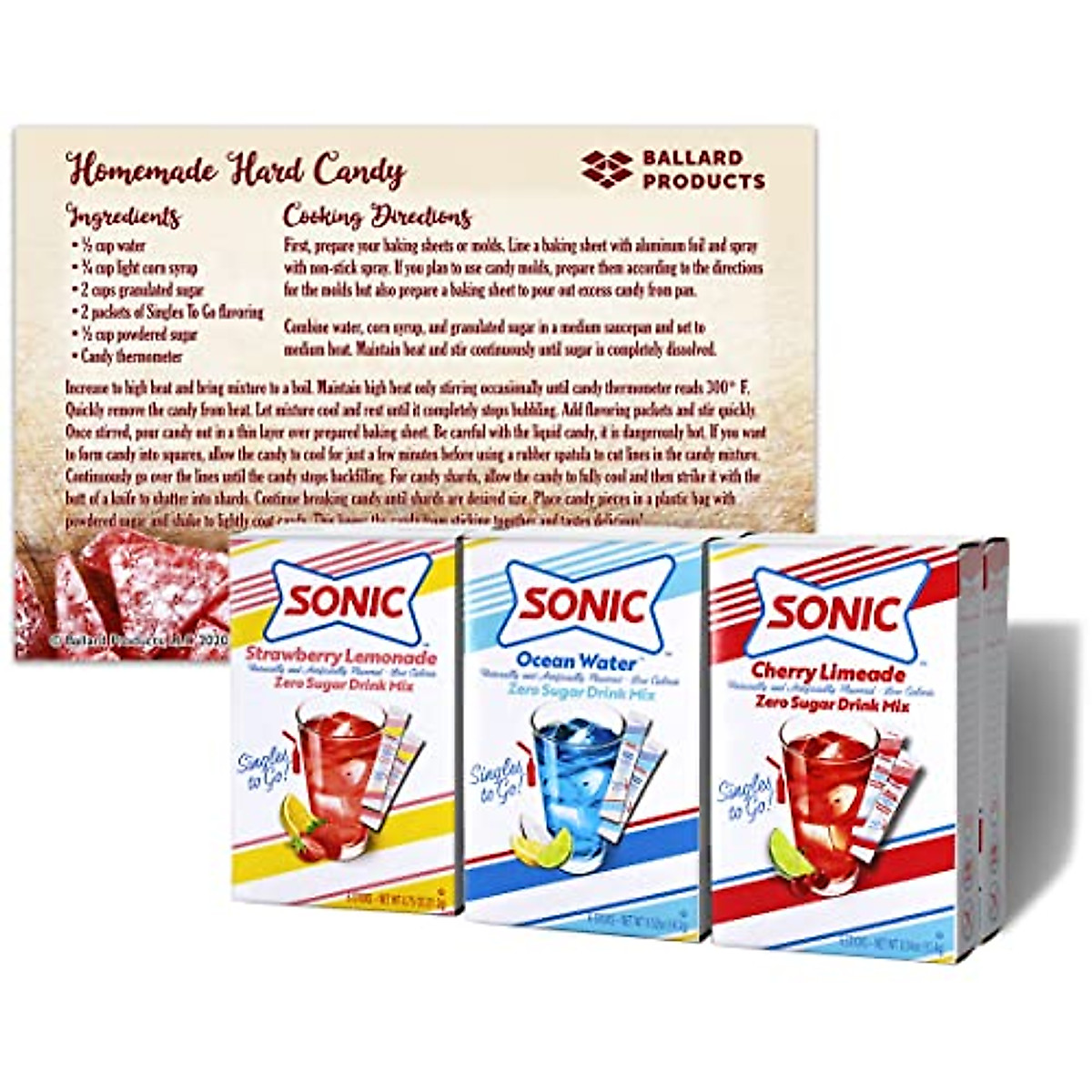 Sonic Singles to Go Variety Pack of 6-2 Boxes Each - Cherry Limeade, Strawberry Lemonade and Ocean Water - Bundle with Ballard Products Hard Candy Recipe Card