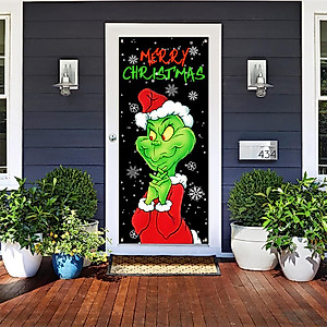 Christmas Door Cover Decorations Green Backdrop Merry Christmas Porch Sign for Indoor Outside Front Door Party Supplies（29.5x70.8in）