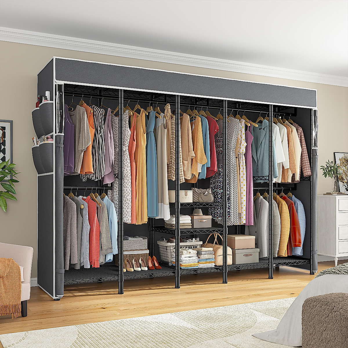 Raybee 90.6" W Clothes Rack with Cover Heavy Duty Clothing Rack with Cover Loads 1200LBS Covered Clothes Racks for Hanging Clothes with Shelves Freestanding Garment Rack Closet for Bedroom