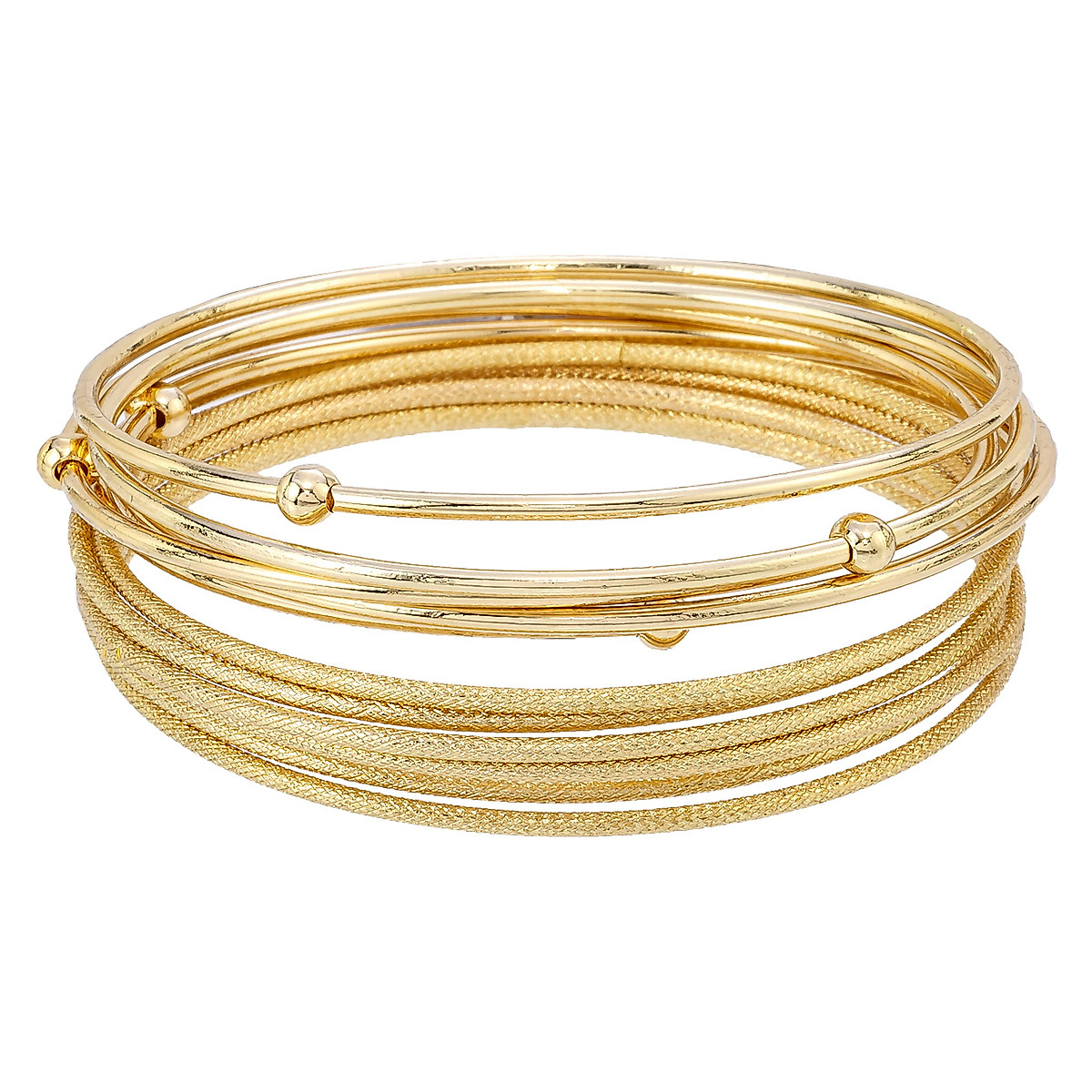Madison Tyler Gold Plated Stackable Bangles, 5 piece of Smooth Bangles with Ball Pattern & 6 Piece of Textured Bangles.