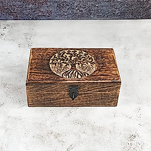 Samhita Handmade Mango Wood Tree of Life Engraving Beautifully Keepsake Box Jewellery Organiser Unique Gift Ideas for Men & Women (Flame Work Finish)