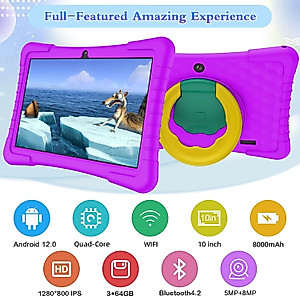 YOBANSE Kids Tablet, 10 inch Tablet for Kids Android 12 Tablet 3GB 64GB Toddler Tablet with 8000mAh Battery, WiFi, Bluetooth, Dual Camera, Parental Control(Purple)