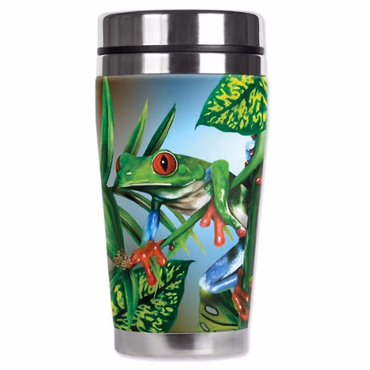 Mugzie Red Toe Tree Frog Travel Mug with Insulated Wetsuit Cover, 16 oz, Black
