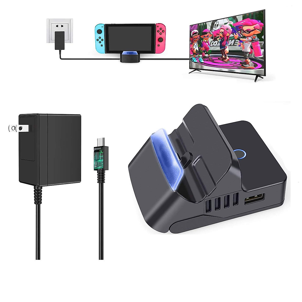 Kahool Switch Charger with TV Dock Set for Nintend Switch, Switch Lite, OLED,Non-OEM AC Power Adapter with 5ft Charging Cable, Portable Docking Station Base Cradle