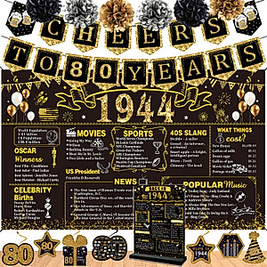 80th Birthday Decorations for Men Women,16PCS Back in 1944 Party Banner Decorations,Including Vintage 1944 Backdrop,Cheers to 80 Years Banner,7 Hanging Swirl,1944 Poster Anniversary Card,6 Paper Poms