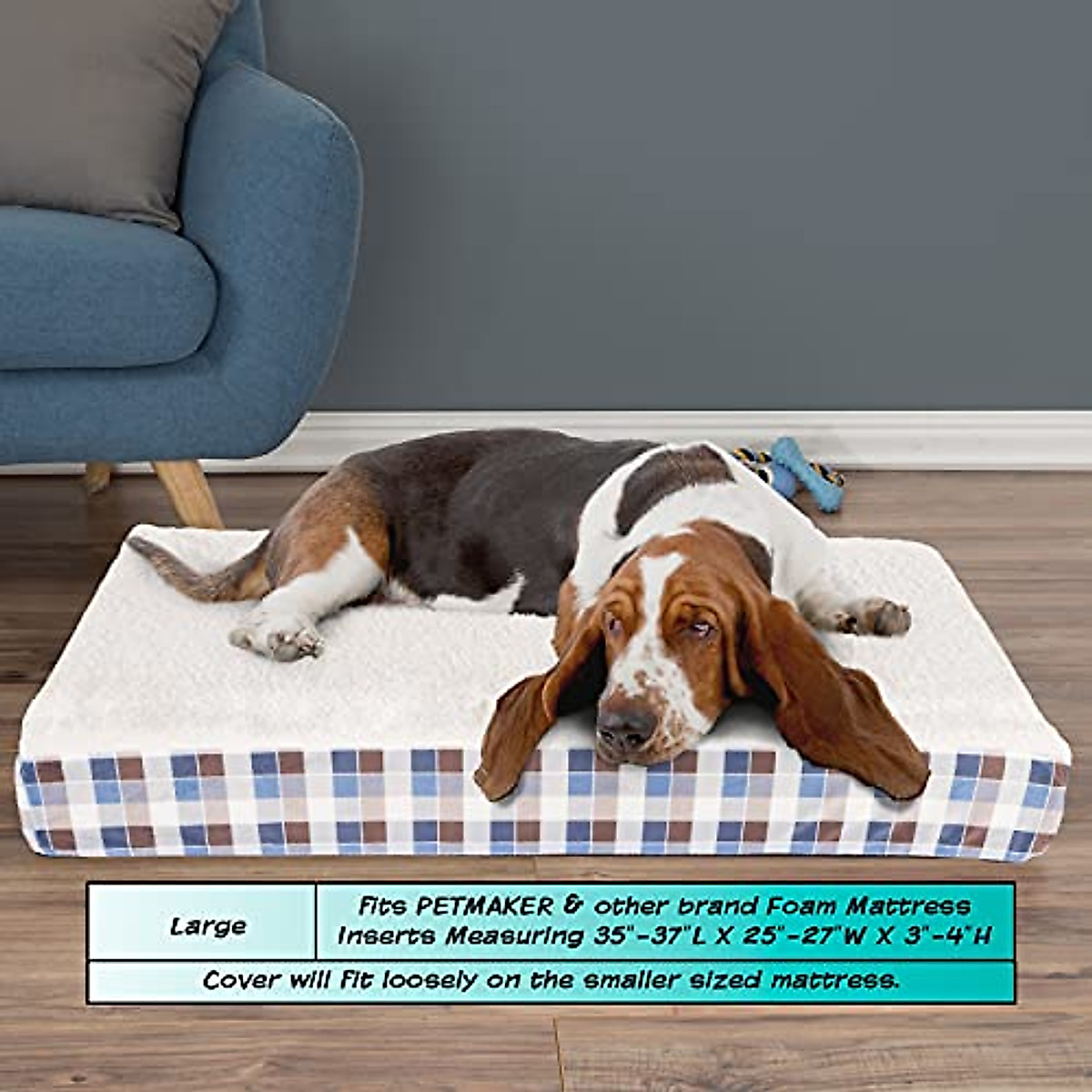 Replacement Dog Bed Cover - Large Pet Duvet with Zipper, Sherpa Top, and Nonslip Bottom - Removable Washable Cover by PETMAKER (Brown Plaid)