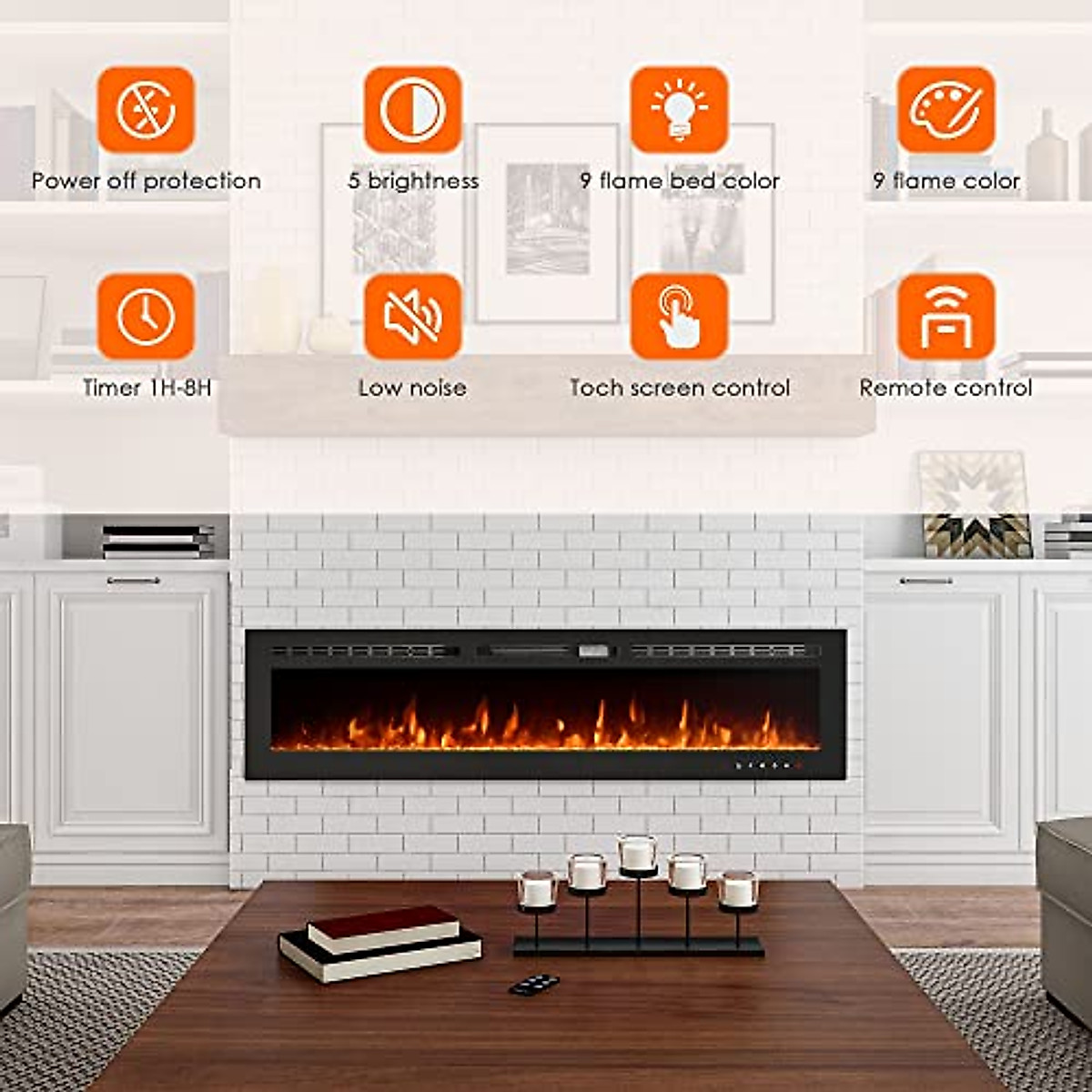 PAOLFOX 70 inch Electric Fireplace Insert,Electric Wall Mounted,Wall with Remote Control,Linear Fireplace,Led Fireplace,Electric Recessed,9 Flame Colors… Black