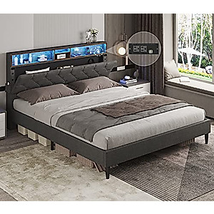 ADORNEVE Queen Bed Frame with LED Lights Headboard, Platform Bed Frame with Outlets and USB Ports, LED Bed Frame with Storage, Diamond Stitched Button Tufted Design, Easy Assembly, Dark Grey