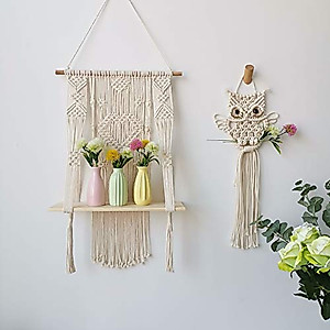 BLUETTEK Macrame Wall Hanging Shelf, Wood Floating Hanging Storage Shelf Bohomian Wall Decor (Heart)