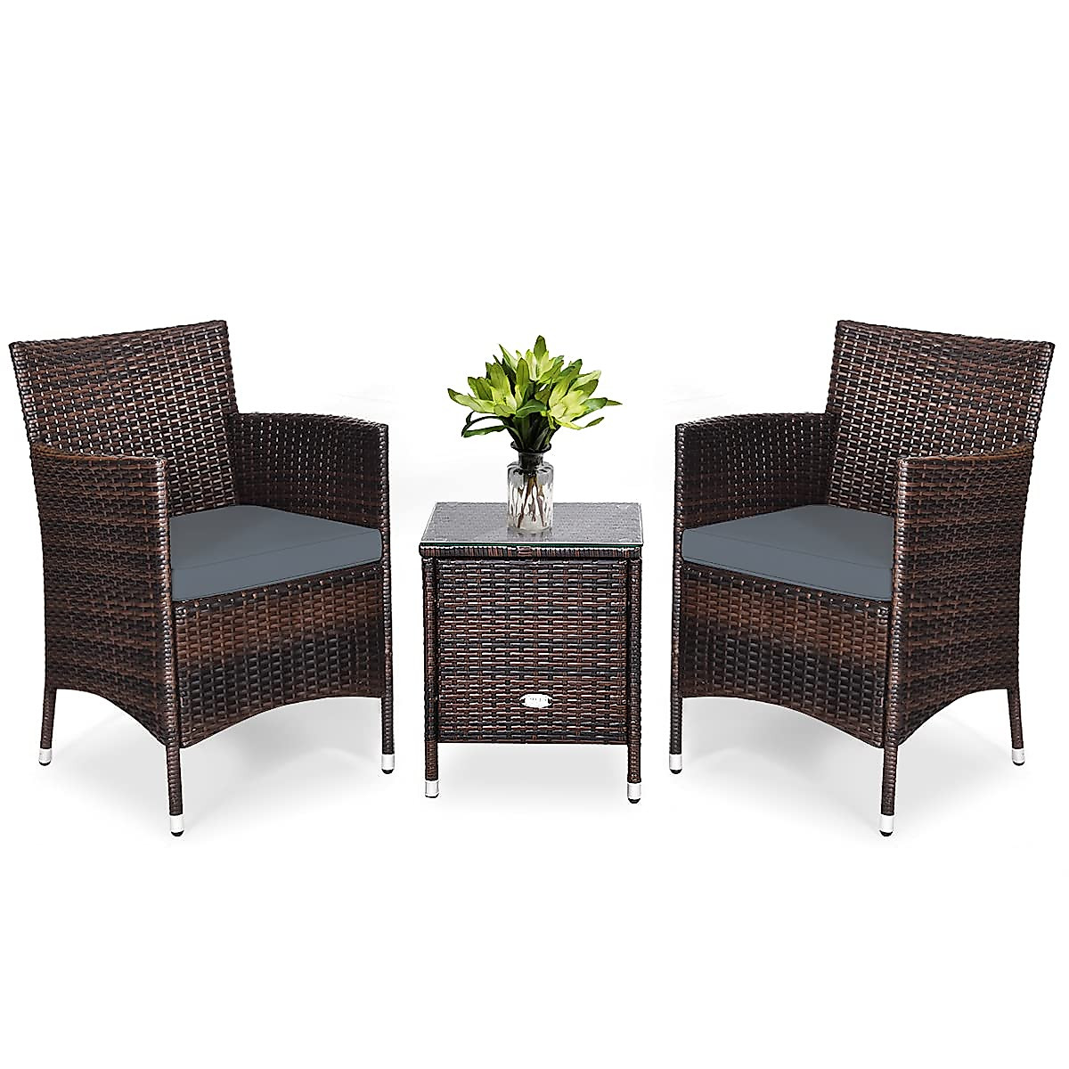 Toolsempire 3 Pieces Patio Conversation Set, Outdoor Wicker Furniture Set with Water-Resistant Cushion & Tempered Glass Tabletop, Patio Porch Furniture Set Bistro Set for Balcony, Poolside (Gray)