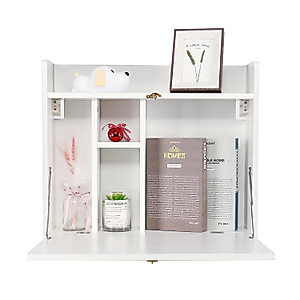 YUSING Wall Mounted Table, Multifunctional Fold Down Wall Mounted Laptop Computer Desk with Storage Compartments for Home, Office, White