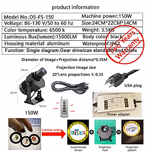 150W LED Logo GOBO Projector Ip67 Waterproof DJ Effect Light Including Free Custom Glass GOBO to Project Image for Hotel Company Store Wedding Advertising Indoor and Outdoor Use (150W)