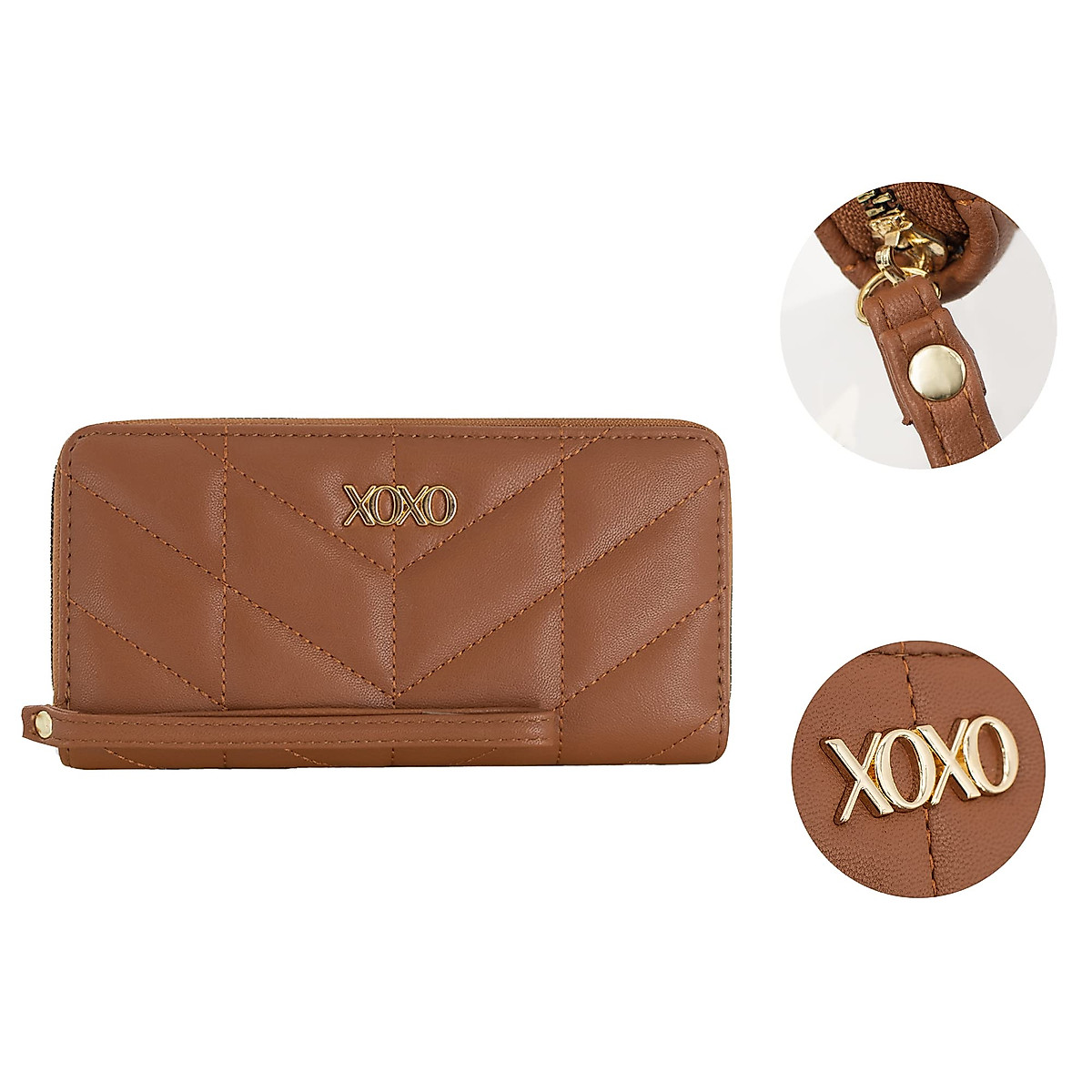 XOXO Women’s Wallet Cognac Vegan Leather Quilted Pattern Single Zip Around Clutch With Wristlet, XW321355G-42-A17