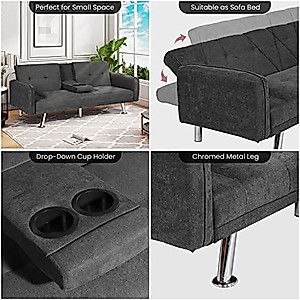 AWQM Futon Sofa Bed,Modern Upholstered Convertible Folding Sleeper Sofa,Recliner Futon Couch Bed with Armrests 2 Cup Holders,for Living Room,Apartment,72.4" L x 18.5" D x 29.9" H,Dark Grey