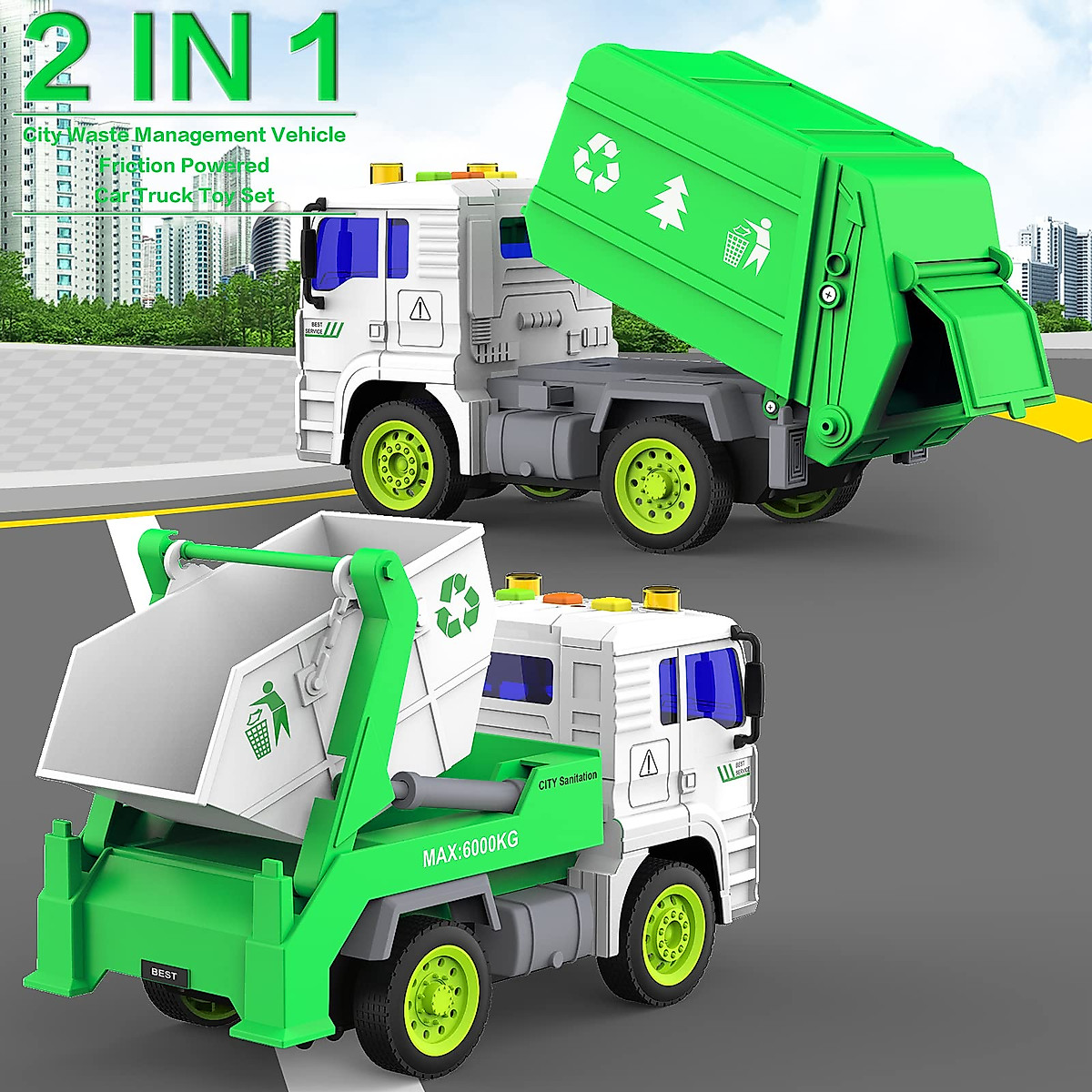 Gizmovine Garbage Truck Toys, 2 Pack Trash Truck Toys with Light and Sound, Friction-Powered Back Dump Garbage Recycling Truck Toy Set with 4 Trash Cans, Gift for 3+ Years Old Kids Boys Girls