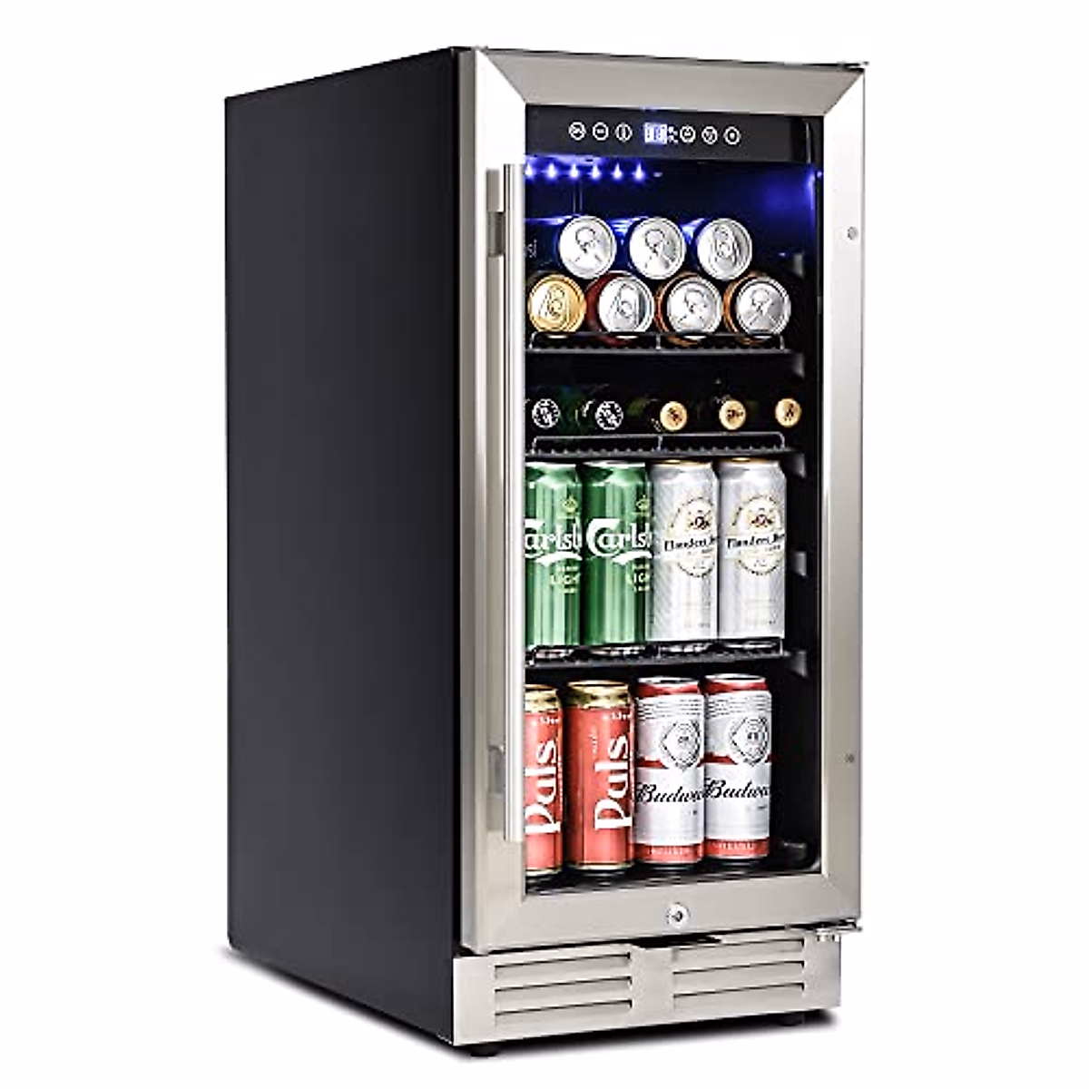 15" Beverage Refrigerator and Cooler, 120 Cans, Adjustable Shelves, Drink Fridge with Glass Door and Lock, LED Lighting, ETL, Touch Controls, Under Counter Built-in or Freestanding Wine Fridge