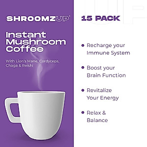 ShroomzUp Mushroom Coffee Instant - 15 Pack with 4 Mushrooms - Lion’s Mane, Reishi, Chaga and Cordyceps Mushrooms - Vegan Nootropic Coffee Instant - Arabica and Robusta Superfood Instant Shrooms Coffee for Energy