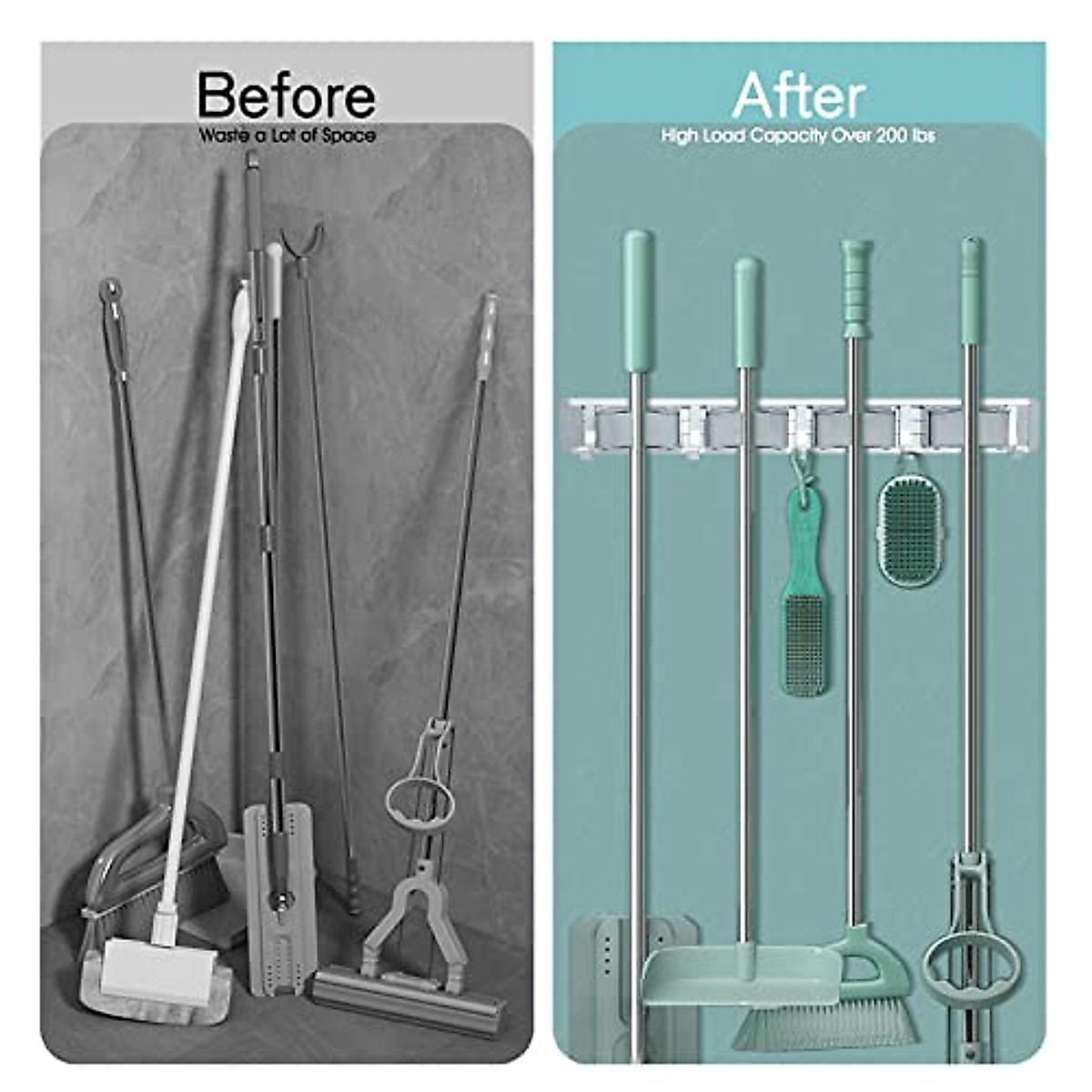 2 Pack Mop Broom Holder Wall Mount, Garden Tool Storage Organizer, Wall Hanger Hooks Rack for Home, Metal Aluminum Garage Laundry Room Organization and Storage, Silver (4 Slots&5 Hooks)