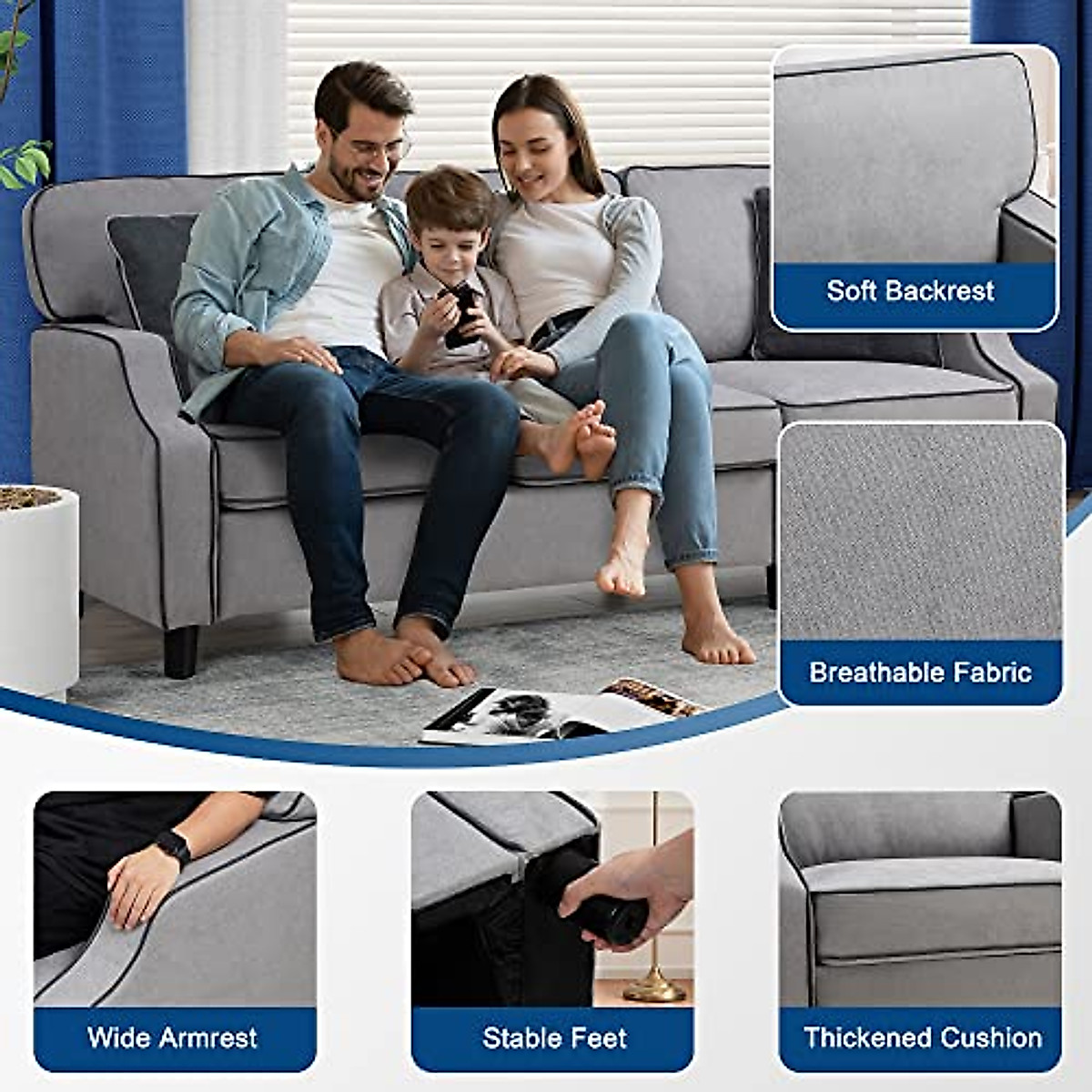 Shintenchi 79”Modern Fabric Sofa Couch,Mid Century Linen Upholstered Fabric 3-Seat Sofa Loveseat Furniture with Pillow for Small Living Room, Apartment,Studio and Small Space,Light Gray