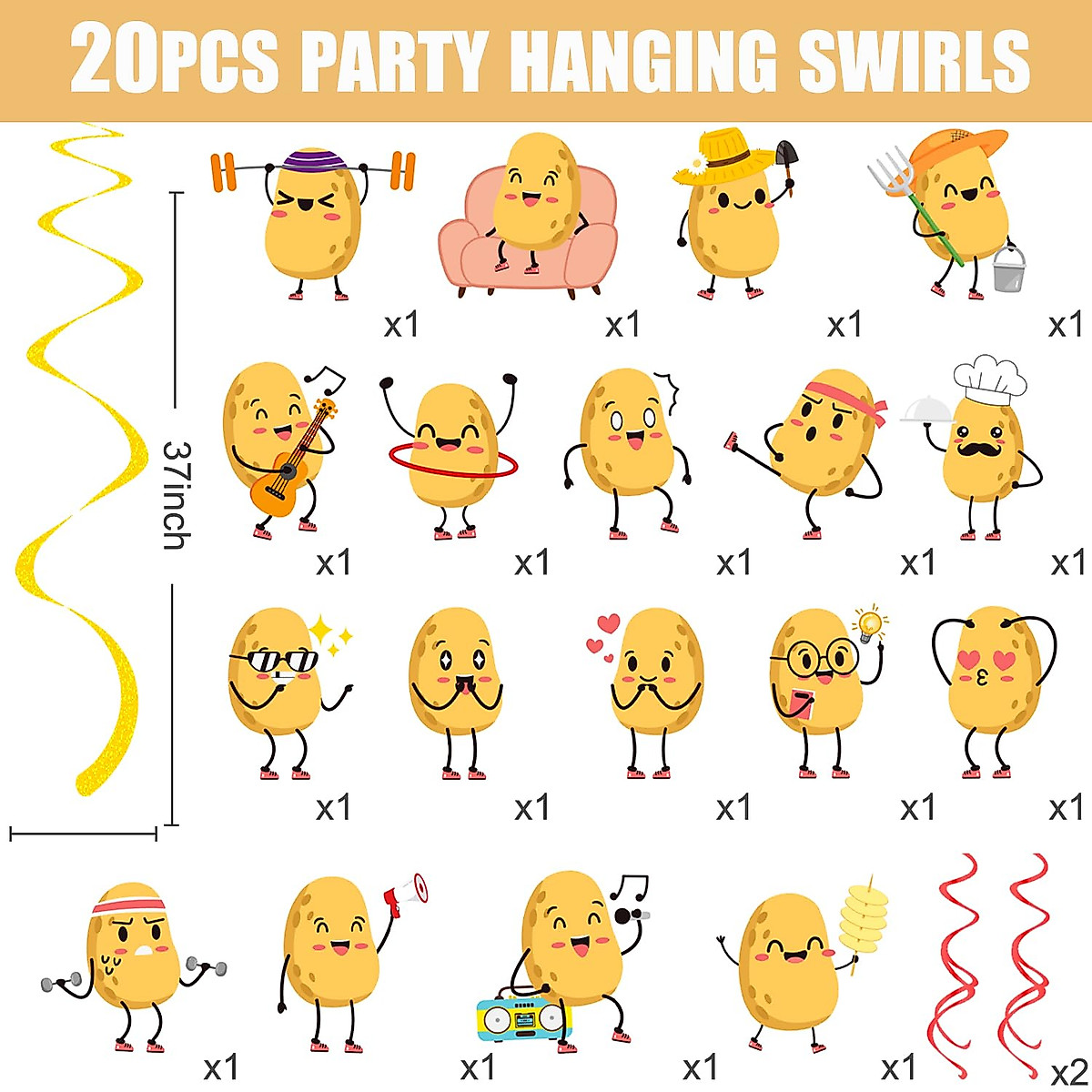 Potato Party Hanging Swirls 20Pcs Potato Party Ceiling Decorations Potato Birthday Party Supplies Potato Hanging Streamers for Potato Baby Shower Decorations