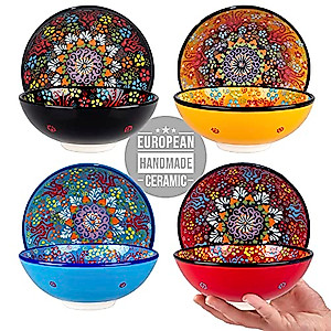Crystalia Decorative Turkish Ceramic Serving Bowl Set of 6, Handmade Multicolor Dipping Charcuterie Bowls (Large-4PCs)
