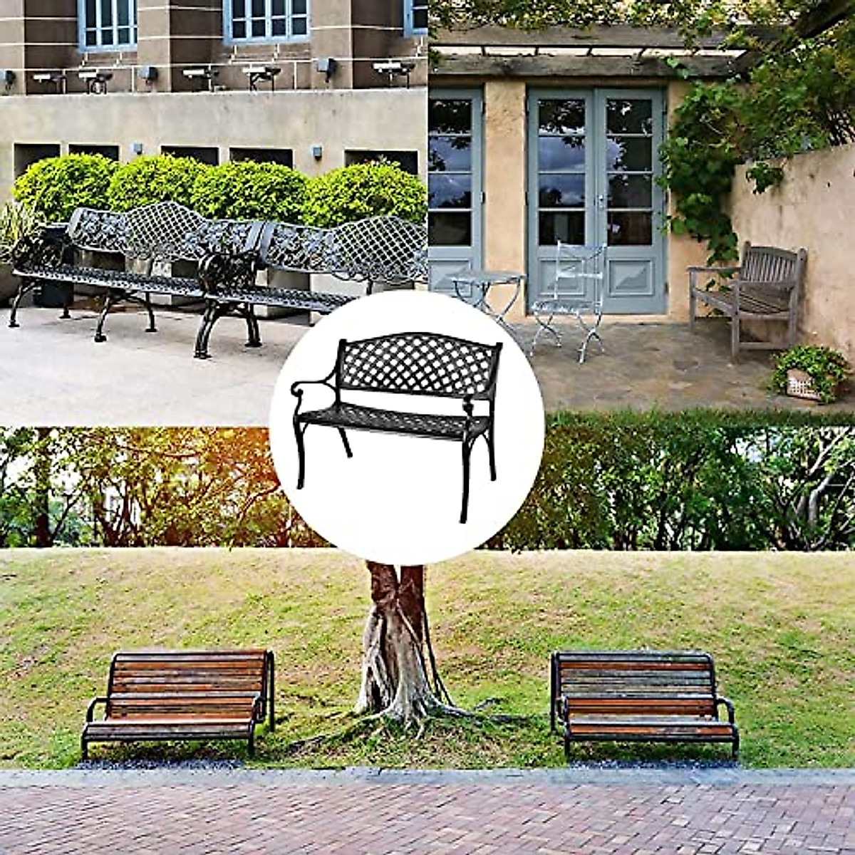 Grepatio Outdoor Patio Garden Bench All-Weather Cast Aluminum Loveseats Park Yard Furniture Porch Chair Work Entryway Decor w/Checkered Design(Black)