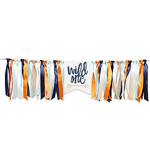 Wild One Banner for 1st Birthday - Highchair Banner for First Birthday Theme Decoration,Highchair Banner for Boy or Girl, Photo Booth Props (Wild One Blue High Chair Banner)