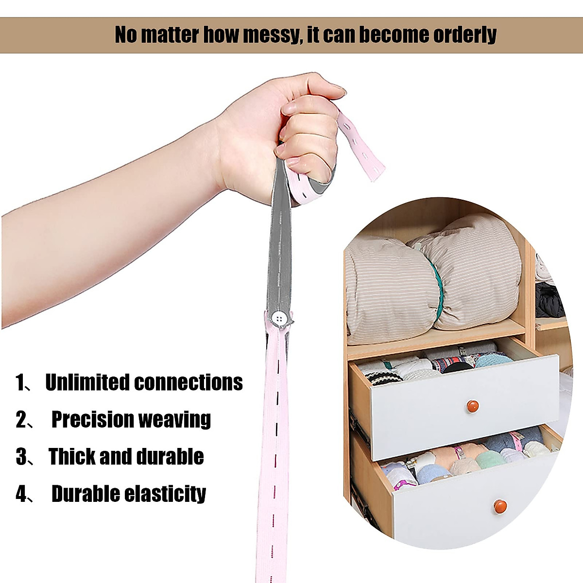 VSV stoage Adjustable Clothes Storage Elastic Band, Roll-up Clothing Storage Strap with Button and Buttonholes, Space Saver, Connatable Strap for Drawer, Closet and Travel Luggage, Grey