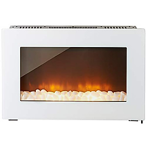 Cambridge Callisto 30 Inch Wall Mounted Flat Panel Electric Fireplace Heater with Remote Control, Realistic Flames, and Crystal Rock Display for Living Room, Bedroom, Home Office, White