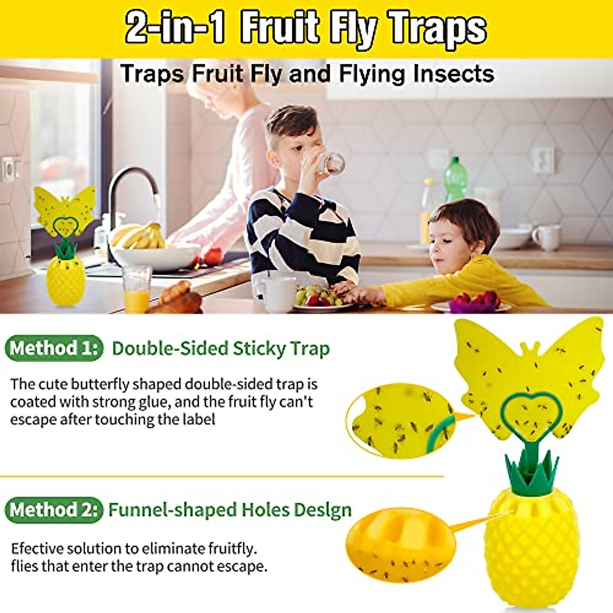 HiAnifri Fruit Fly Trap for Indoors, 2023 Upgrade Fruit Fly Trap with Double Side Sticky Trap, Non-Toxic Reusable Fly Catcher Gnats Killer Trap Indoor Comes with Bait for Home/Plant/Kitchen (2 Pack)