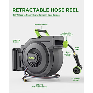 MYTOL Retractable Garden Hose Reel, 5/8 Inch x 82 ft + 6 ft Wall Mounted Water Hose Reel with Auto Slow Rewind System, 10-Pattern Nozzle, Any Length Lock, 180° Swivel Bracket, Ideal for Easy Watering